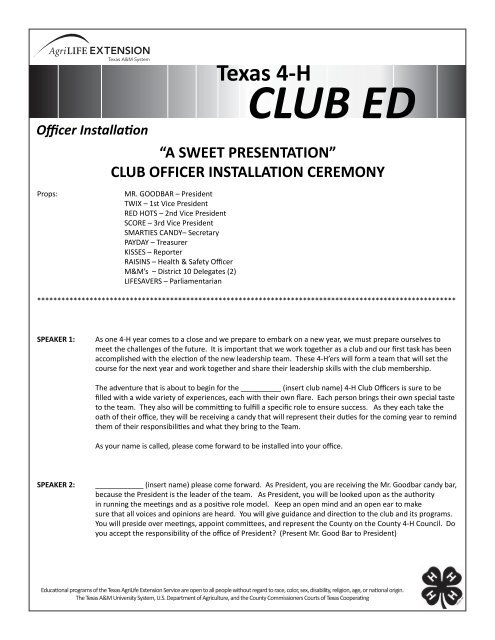 club officer installation ceremony - Texas 4-H and Youth Development