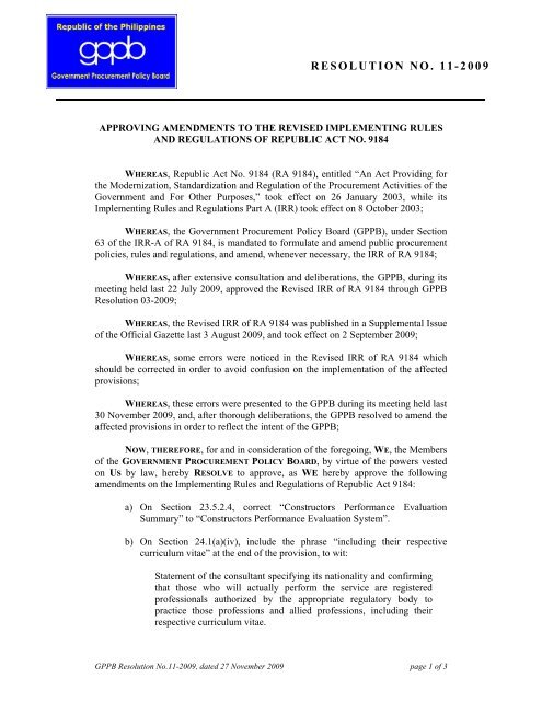RESOLUTION NO. 11-2009 - GPPB