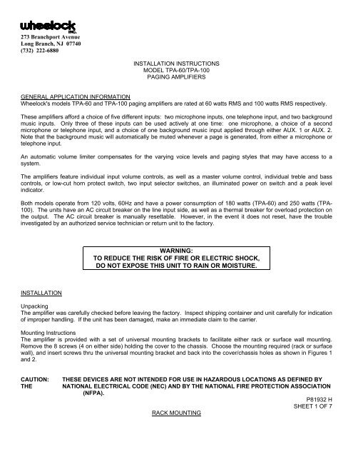 warning: to reduce the risk of fire or electric shock, do not expose ...