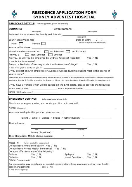 Residence Application Form - Sydney Adventist Hospital