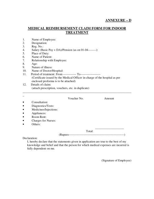 Medical Reimbursement Claim Form For Indoor Treatment SNEA I medical-reimbursement-claim-form-for-indoor-treatment-snea-i