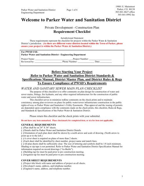 Checklist When Submitting Plans - Parker Water & Sanitation District