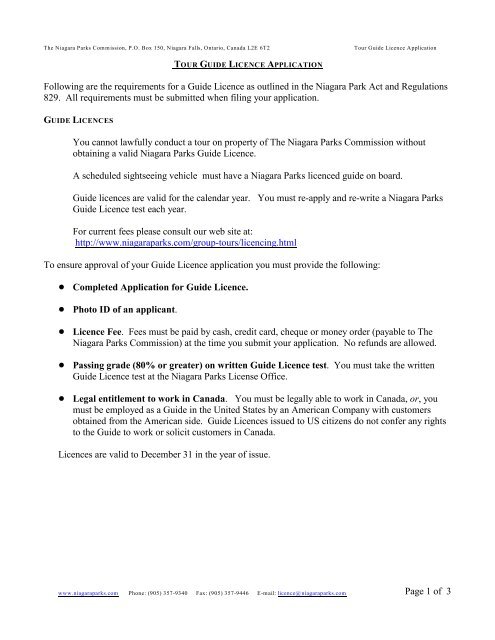 tour guide licence application - Niagara Parks