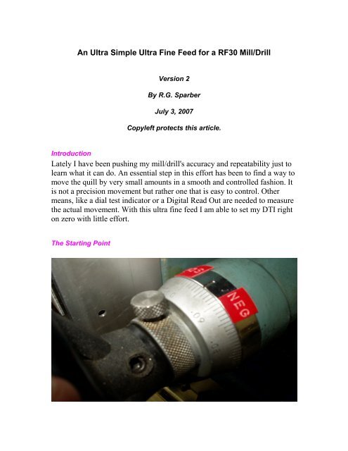 An Ultra Simple Ultra Fine Feed for a RF30 Mill/Drill ... - Rick Sparber