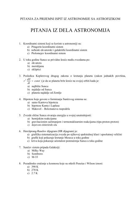 Test pitanja iz astronomije