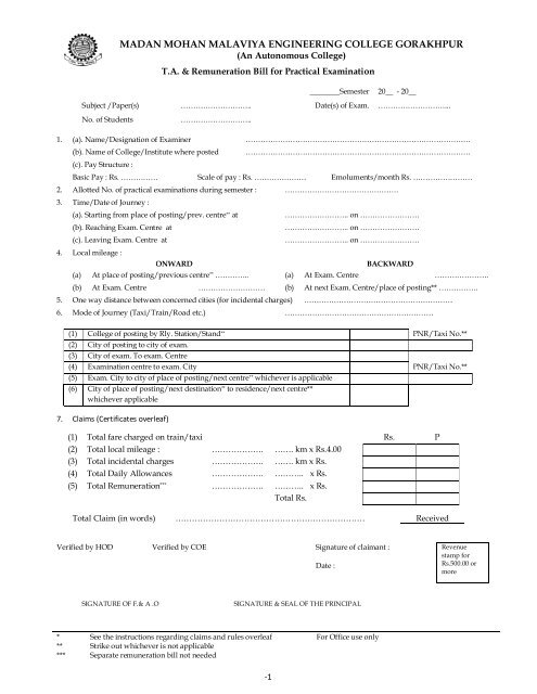 T.A.&Remuneartion Bill and attendance sheet for practcial Exam