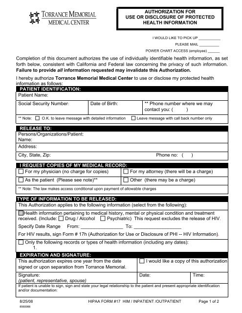 AUTHORIZATION FOR USE OR DISCLOSURE OF PROTECTED ...