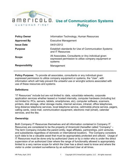 Use of Communication Systems Policy - Americold