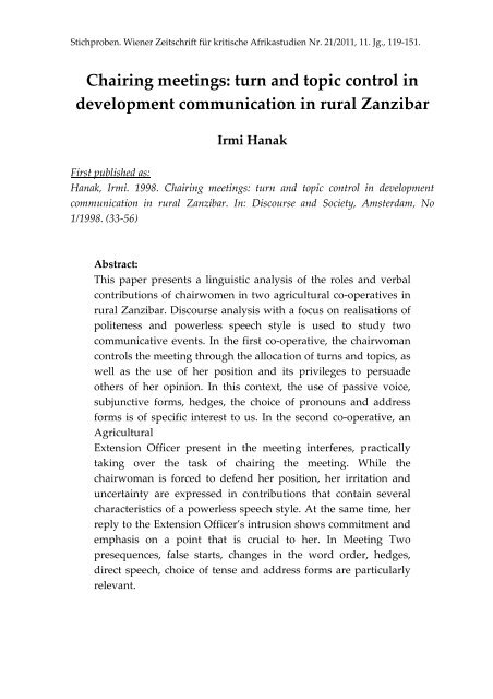 turn and topic control in development communication in rural Zanzibar