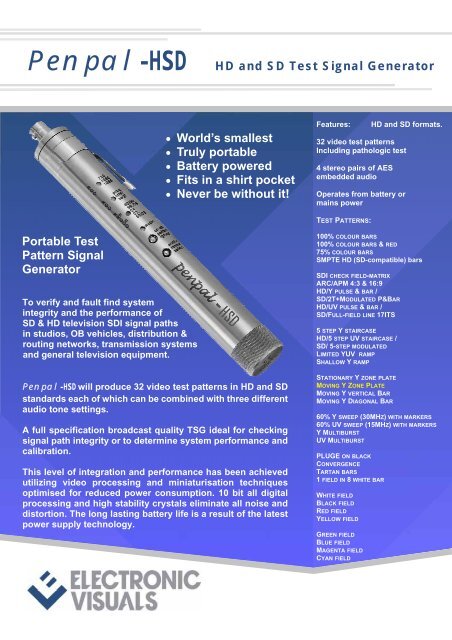 Penpal -HSD HD and SD Test Signal Generator ... - Electronic Visuals