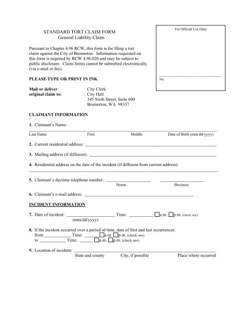 STANDARD TORT CLAIM FORM - City of Bremerton