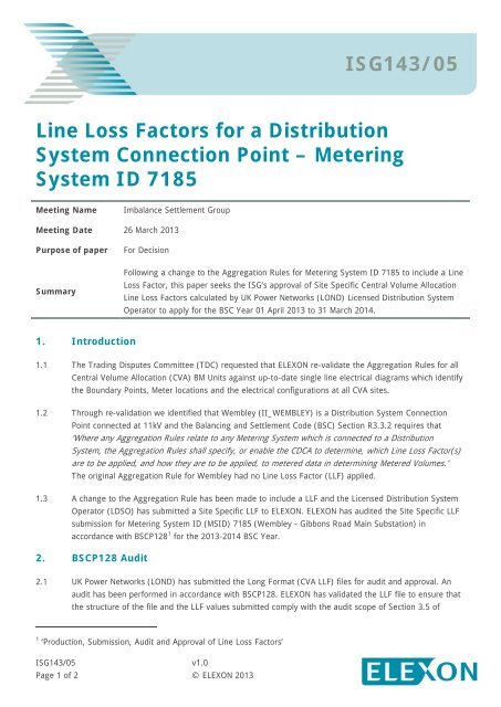 ISG143/05 Line Loss Factors for a Distribution System ... - Elexon