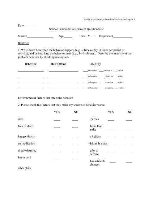 Teacher Functional Assessment Questionnaire - Family Involvement ...