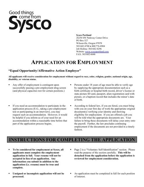 APPLICATION FOR EMPLOYMENT ... - Sysco- Portland