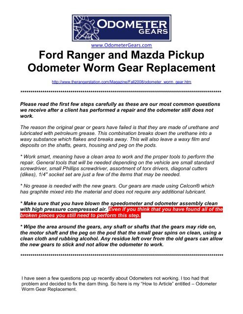 Ford Ranger and Mazda Pickup Odometer Worm ... - Odometer Gears