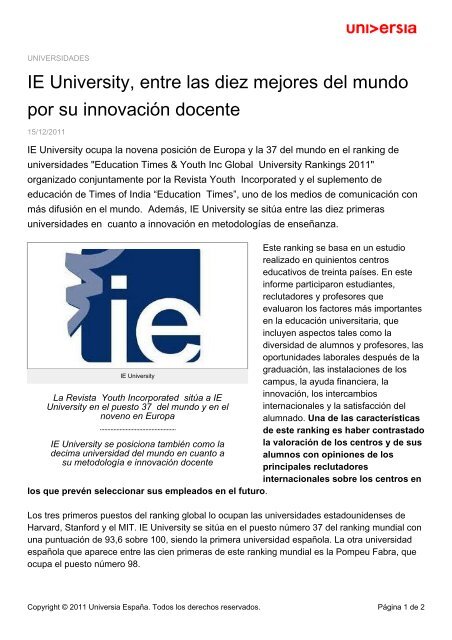 IE University, entre las diez mejores del mundo ... - Noticias Universia