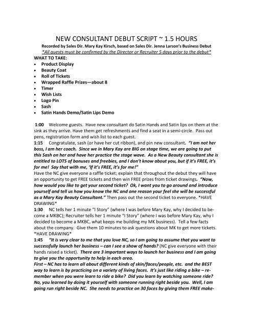 New Consultant Debut Script by Jenna Larson & Mary Kay Kirsch