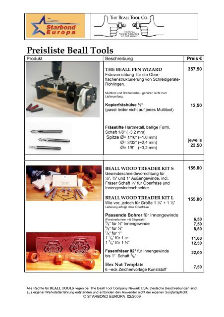 Preisliste Beall Tools - Starbond Europa