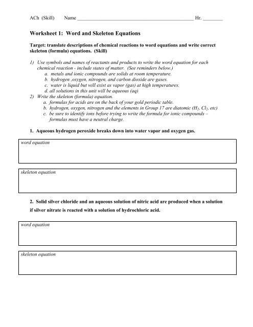 Writing Word And Skeleton Equations Worksheet Answers Tessshebaylo