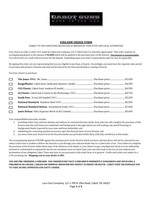 FIREARM ORDER FORM - Cabot Gun