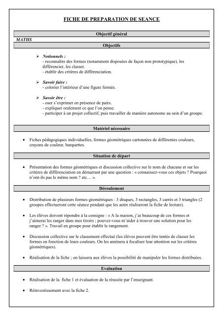FICHE DE PREPARATION DE SEANCE FICHE DE PREPARATION DE SEANCE