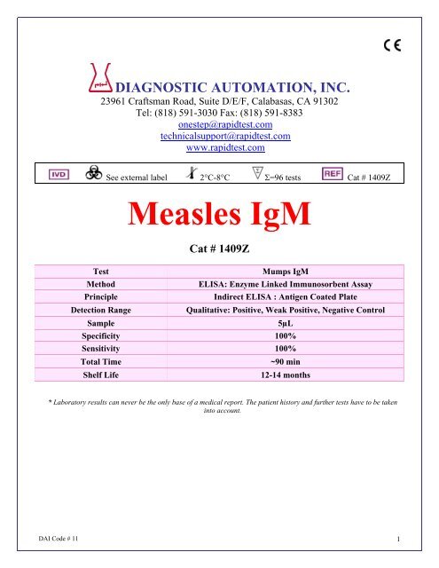 Measles IgM ELISA kit - Diagnostic Automation : Cortez Diagnostics Measles IgM ELISA kit - Diagnostic Automation : Cortez Diagnostics