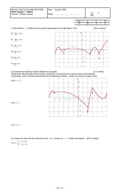 MCV4U, CALCULUS AND VECTORS TEST Chapter 1 ... - La Citadelle