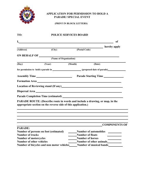 APPLICATION FOR PERMISSION TO HOLD A PARADE/ SPECIAL ...