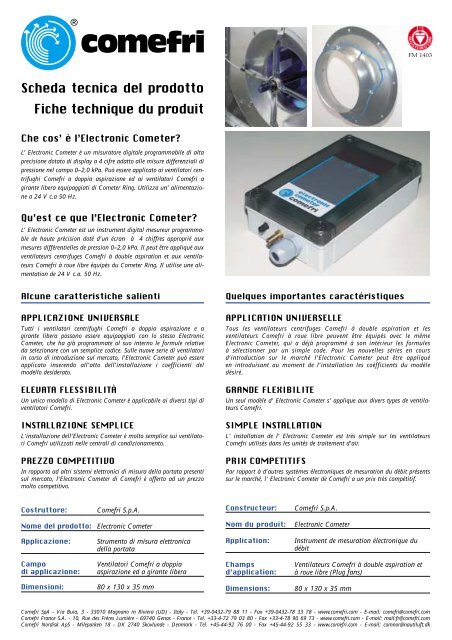 Scheda tecnica del prodotto Fiche technique du ... - comefri GmbH