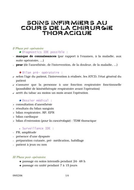 SOINS INFIRMIERS AU COURS DE LA CHIRURGIE THORACIQUE