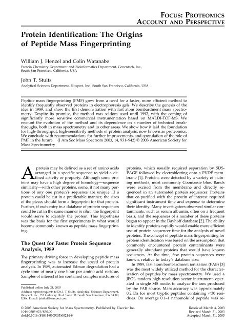 Protein Identification: The Origins of Peptide Mass Fingerprinting