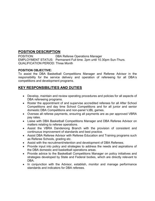 POSITION DESCRIPTION KEY RESPONSIBILITIES AND DUTIES