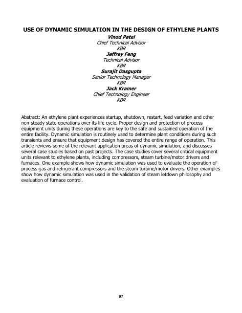 use of dynamic simulation in the design of ethylene plants