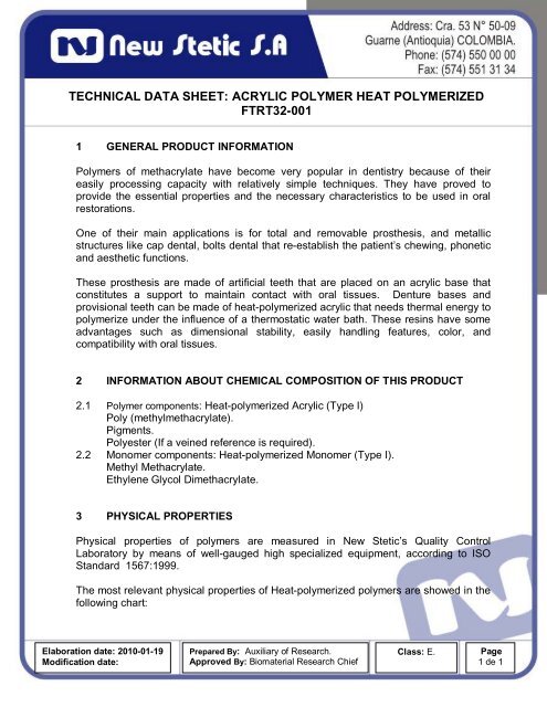 technical data sheet: acrylic polymer heat polymerized ... - New Stetic