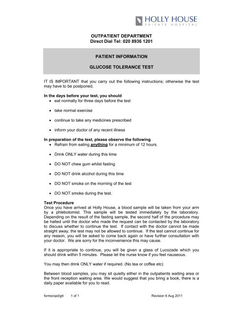 Glucose tolerance test (pdf 67KB) - Holly House Hospital