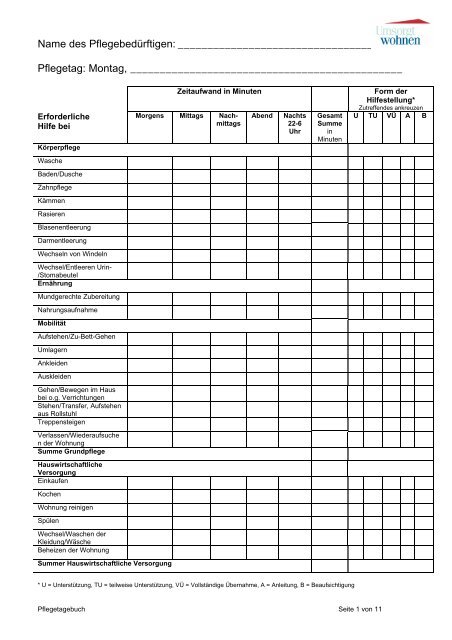 Pflegetagebuch Vorlage Zum Ausdrucken Kostenlos
