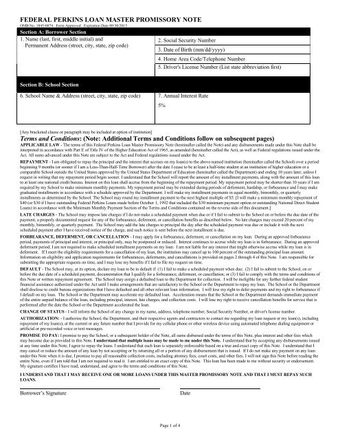 FEDERAL PERKINS LOAN MASTER PROMISSORY NOTE Terms ...