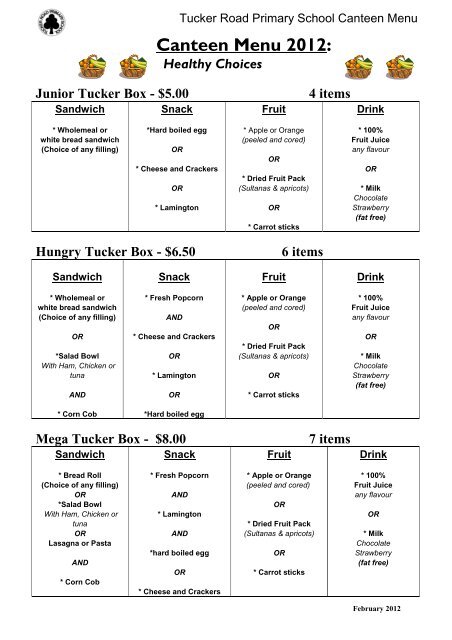 Canteen Menu 2012: - Tucker Road Bentleigh Primary School