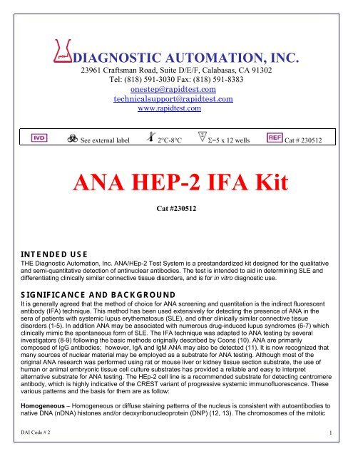 ANA HEP-2 IFA Kit - ELISA kits - Rapid tests