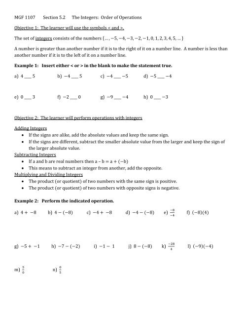 MGF 1107 Section 5.2 The Integers: Order of Operations Objective 1 ...