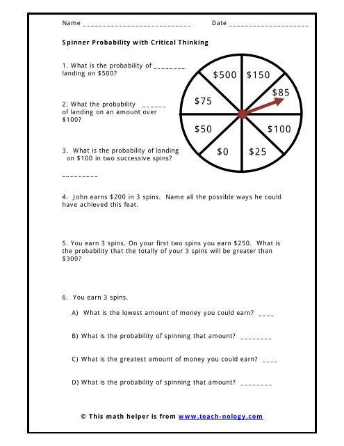 Spinner Probability with Critical Thinking - Teach-nology