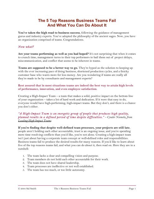 The 5 Top Reasons Business Teams Fail And - Action Plan Marketing