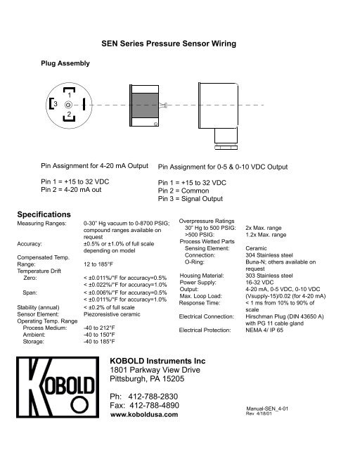 SEN Series Pressure Sensor Wiring Specifications KOBOLD ...
