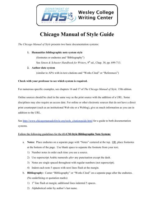Chicago Manual of Style Guide - Wesley College