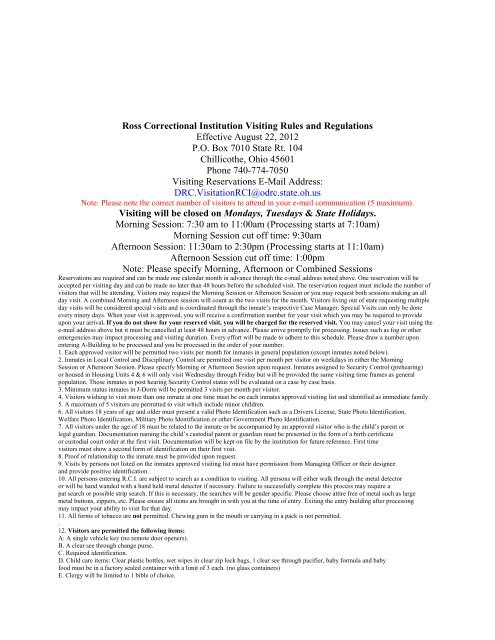 Ross Correctional Institution Visiting Rules and Regulations ...