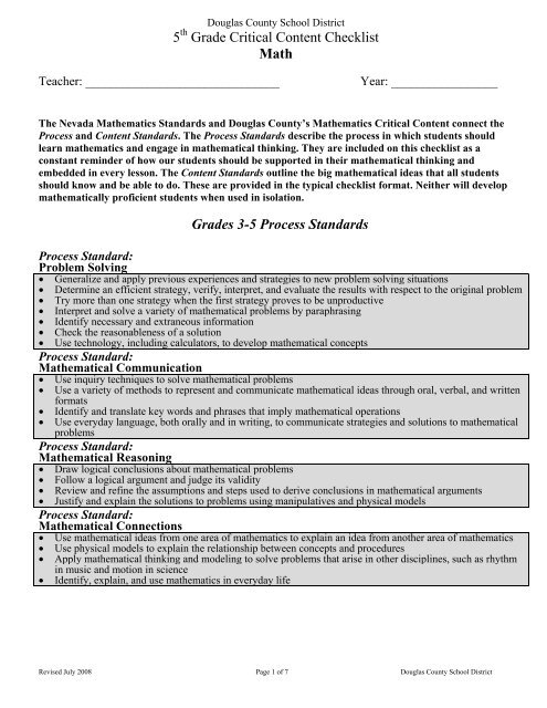5 Grade Critical Content Checklist Math Grades 3-5 Process ...