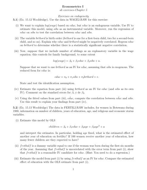 Econometrics I ab exercises-Chapter 5 Exercises on endogeneity ...