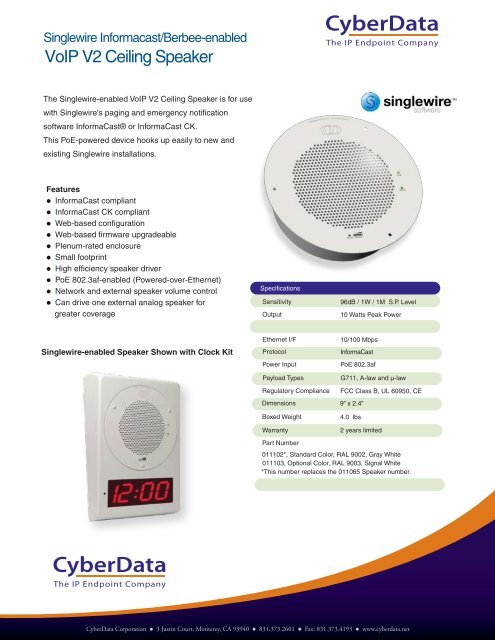 VoIP V2 Ceiling Speaker - CyberData Corporation