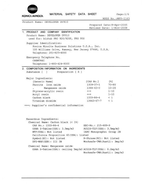 KONICA MINOLTA MATERIAL SAFETY DATA SHEET Pagezl/6