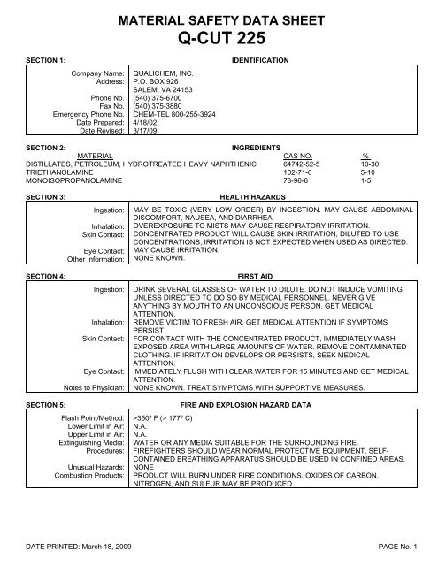 material safety data sheet q-cut 225